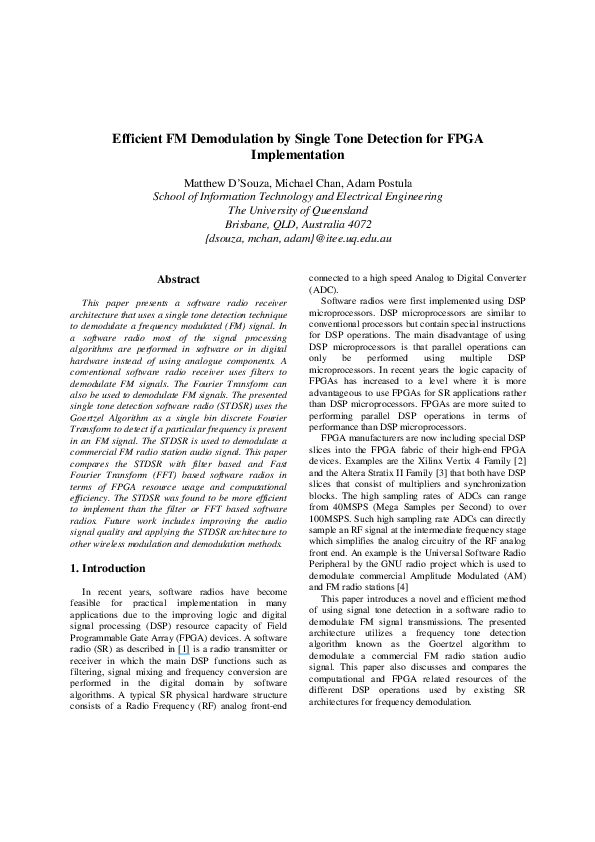 Pdf Efficient Fm Demodulation By Single Tone Detection For Fpga Implementation