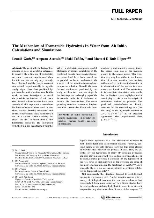 (PDF) The mechanism of formamide hydrolysis in water from ab initio ...