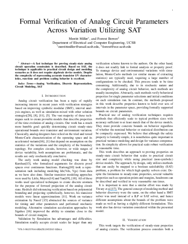 Pdf Formal Verification Of Analog Circuit Parameters Across Variation