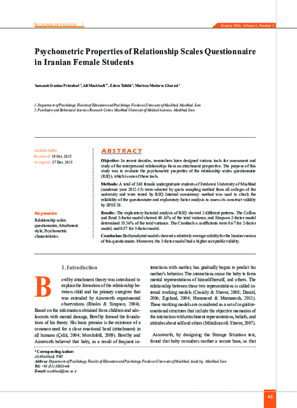 (PDF) Psychometric Properties of Relationship Scales Questionnaire in ...