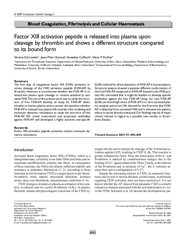(PDF) Factor XIII activation peptide is released into plasma upon ...