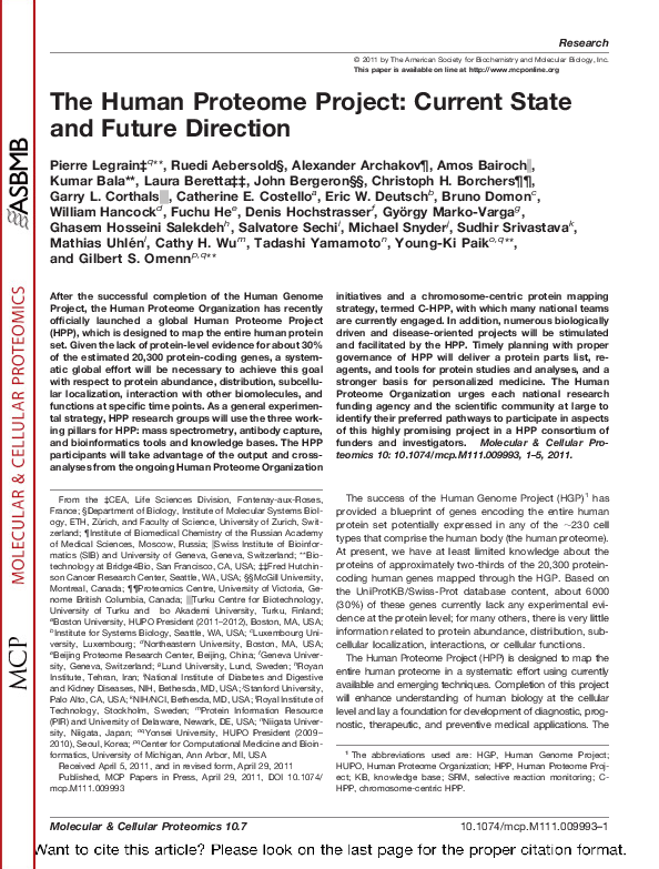 (PDF) The Human Proteome Project: Current State and Future Direction