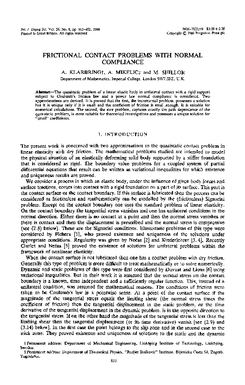 (PDF) Frictional contact problems with normal compliance