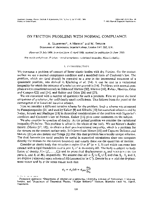 (PDF) On friction problems with normal compliance
