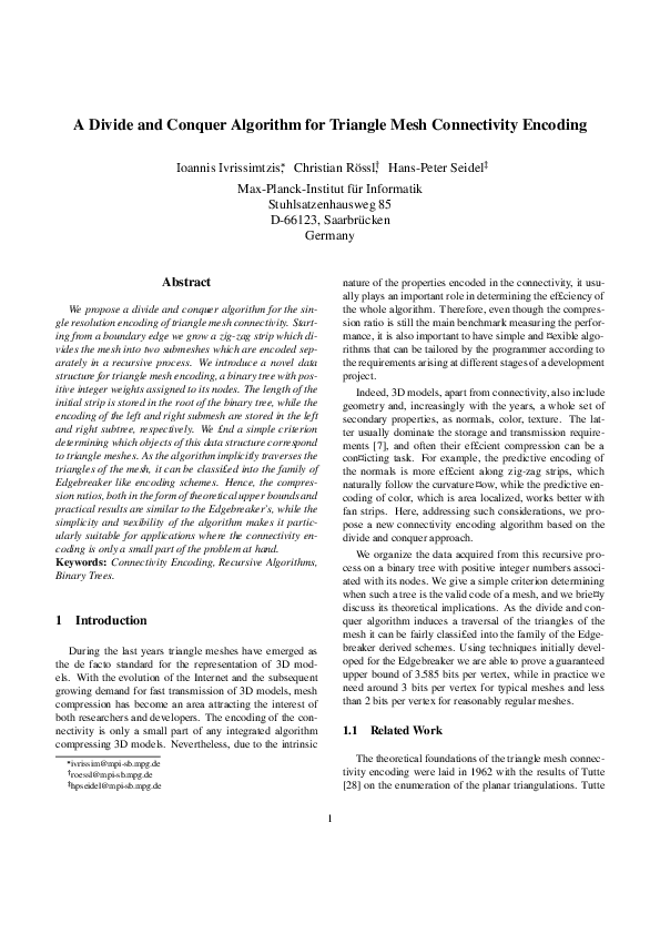 Pdf A Divide And Conquer Algorithm For Triangle Mesh Connectivity Encoding