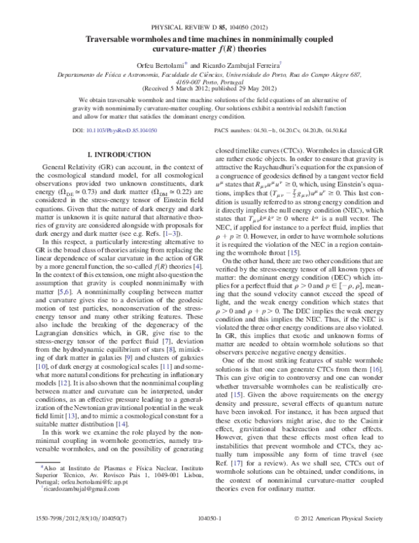 (PDF) Traversable wormholes and time machines in nonminimally coupled ...