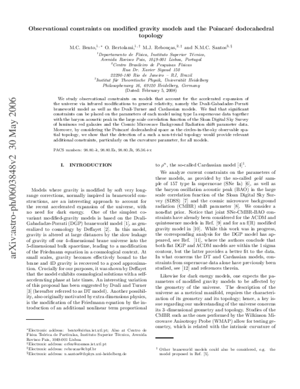 (PDF) Observational constraints on modified gravity models and the Poincaré dodecahedral topology