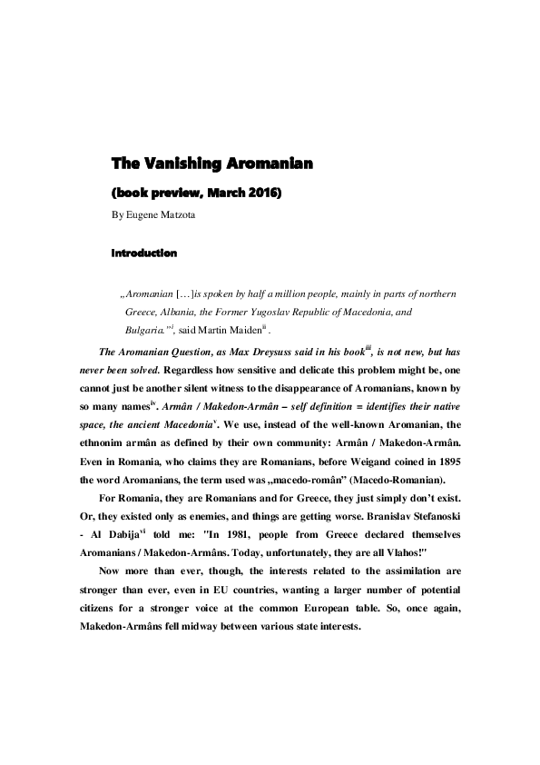 (PDF) The Vanishing Aromanian (book preview, March 2016)