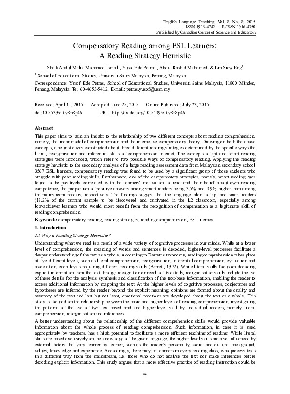 (PDF) Compensatory Reading among ESL Learners: A Reading Strategy Heuristic