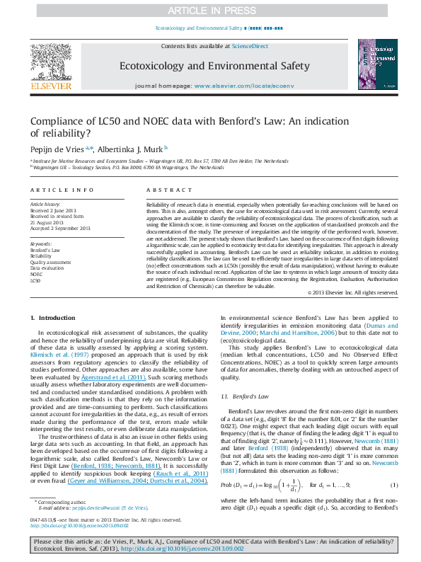(PDF) Compliance of LC50 and NOEC data with Benford's Law: An ...