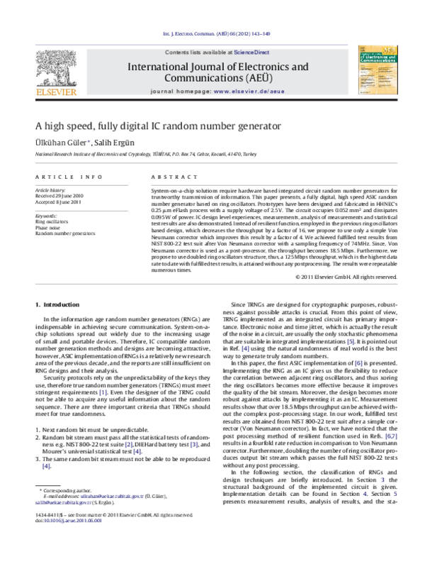 (PDF) A high speed, fully digital IC random number generator