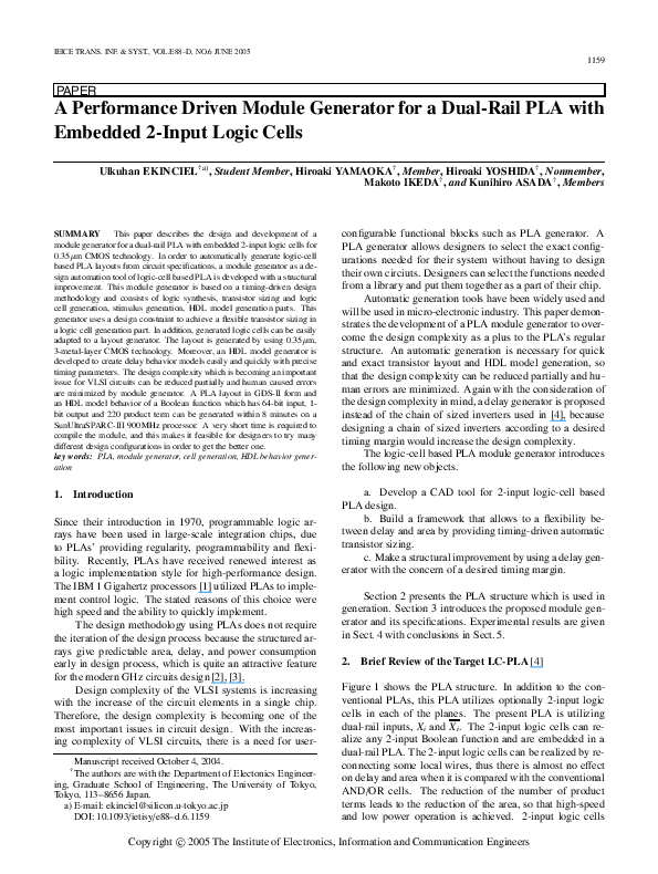 (PDF) A Performance Driven Module Generator for a Dual-Rail PLA with Embedded 2-Input Logic Cells