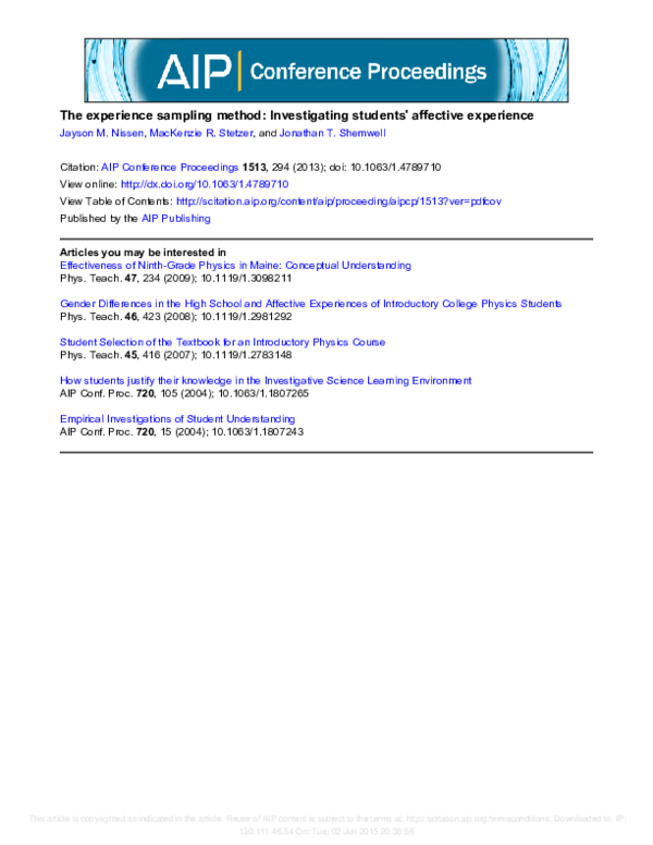 (PDF) The experience sampling method: Investigating students' affective ...