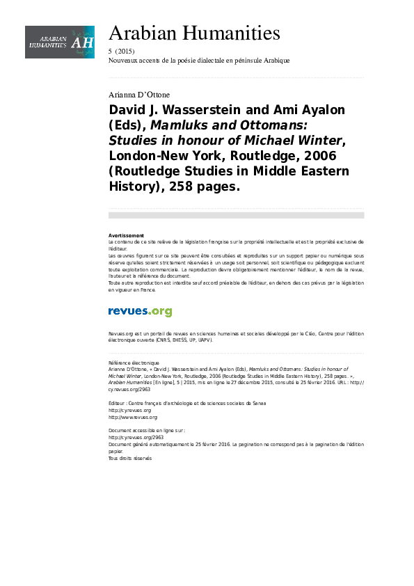 Review of the book: D.J. Wasserstein-A. Ayalon (eds), Mamluks and ...