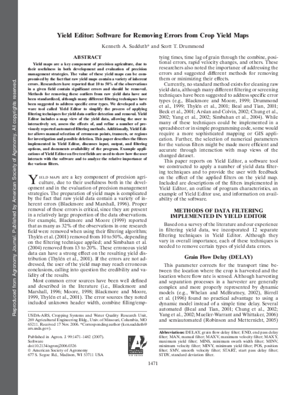 (PDF) Yield Editor: Software for Removing Errors from Crop Yield Maps