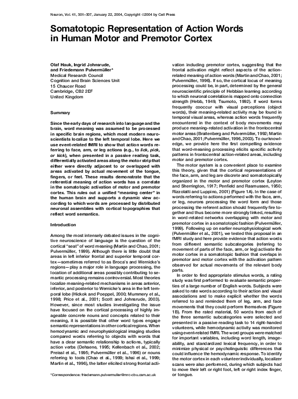 (PDF) Somatotopic Representation of Action Words in Human Motor and ...