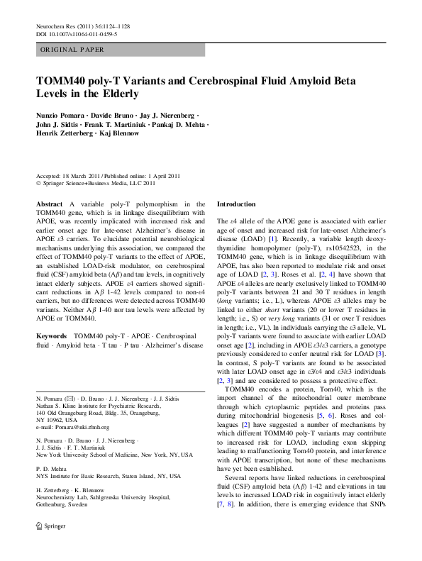 (PDF) TOMM40 poly-T Variants and Cerebrospinal Fluid Amyloid Beta ...