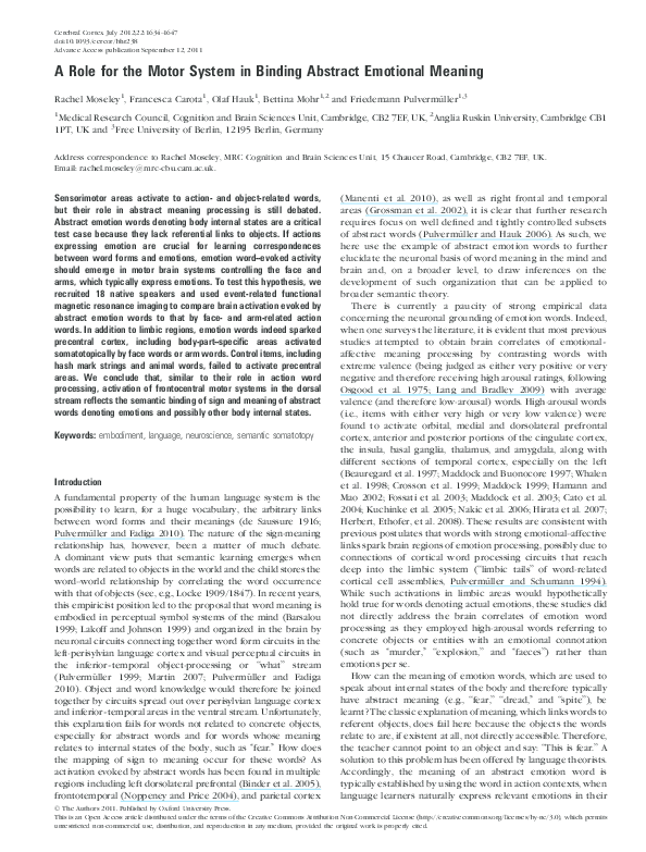 (PDF) A Role for the Motor System in Binding Abstract Emotional Meaning ...