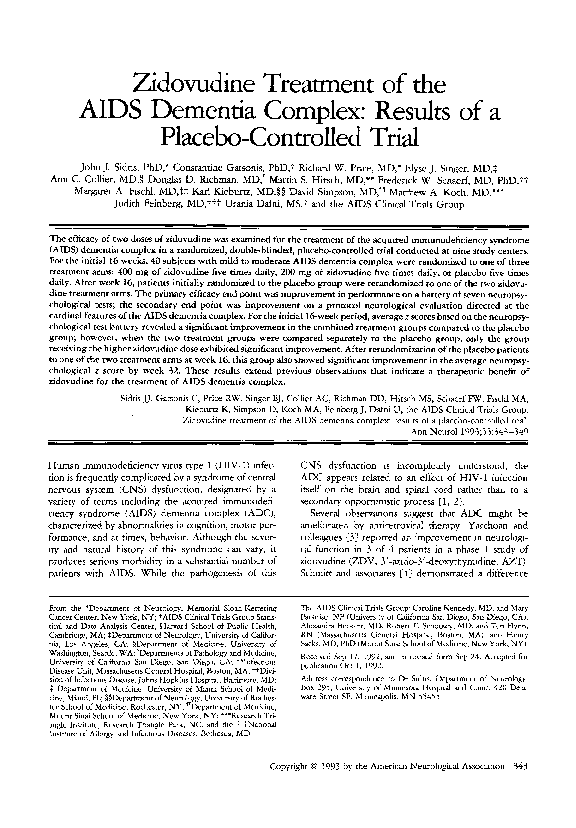 (PDF) Zidovudine treatment of the AIDS dementia complex: Results of a ...