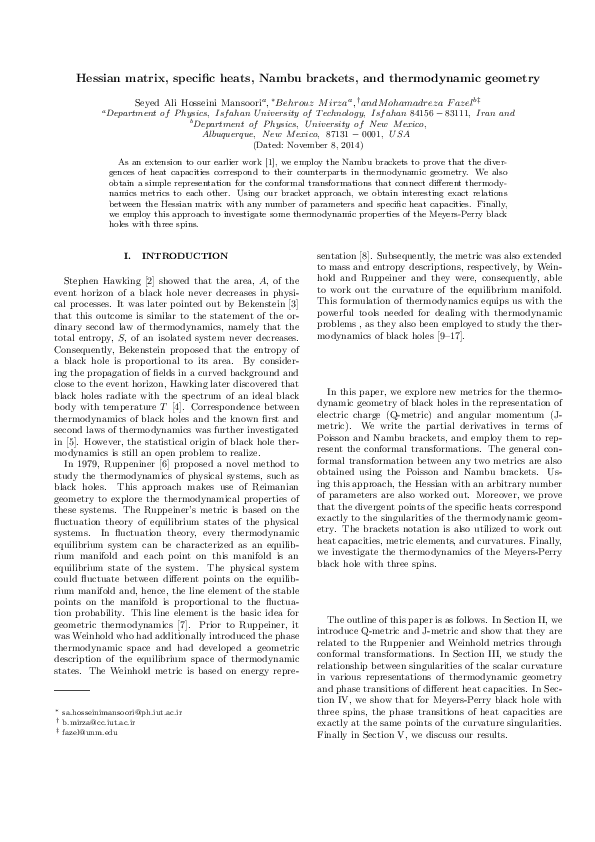 (PDF) Hessian matrix, specific heats, Nambu brackets, and thermodynamic ...