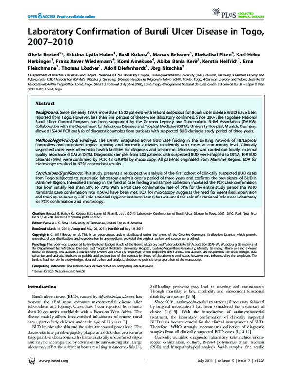 (PDF) Laboratory Confirmation of Buruli Ulcer Disease in Togo, 2007–2010