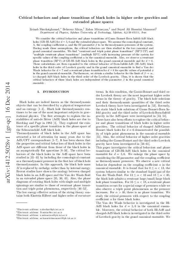 (PDF) Critical behaviors and phase transitions of black holes in higher ...