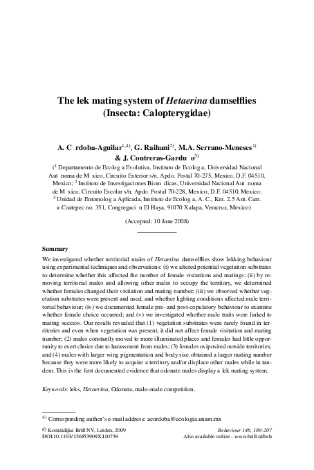 (PDF) The lek mating system of Hetaerina damselflies (Insecta ...