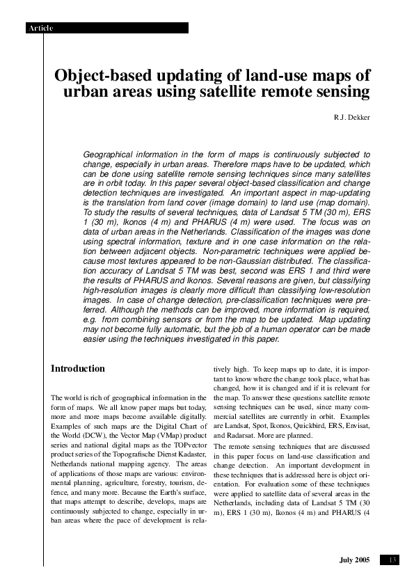 (PDF) Object-based updating of land-use maps of urban areas using satellite remote sensing