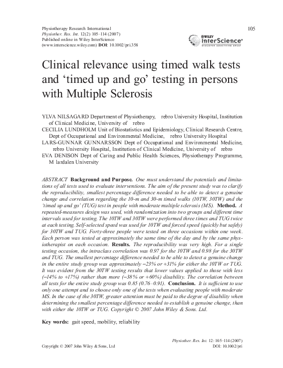(PDF) Clinical relevance using timed walk tests and ‘timed up and go ...