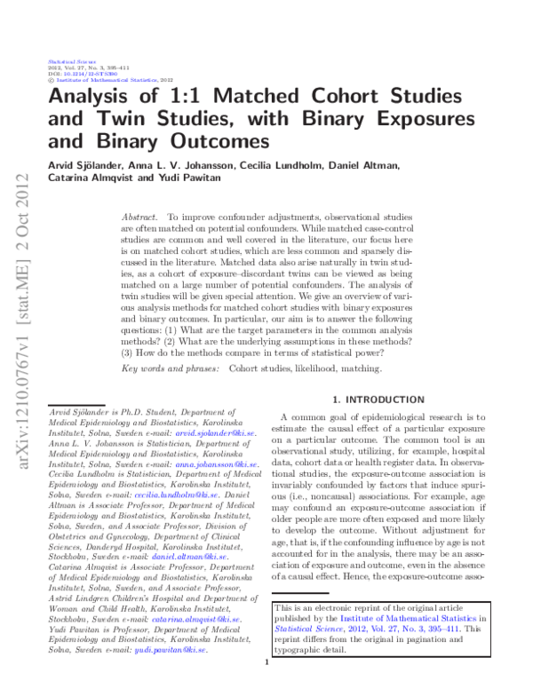 (PDF) Analysis of 1 : 1 Matched Cohort Studies and Twin Studies, with ...