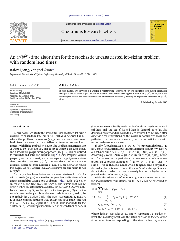 Pdf An Time Algorithm For The Stochastic Uncapacitated Lot Sizing Problem With Random Lead Times