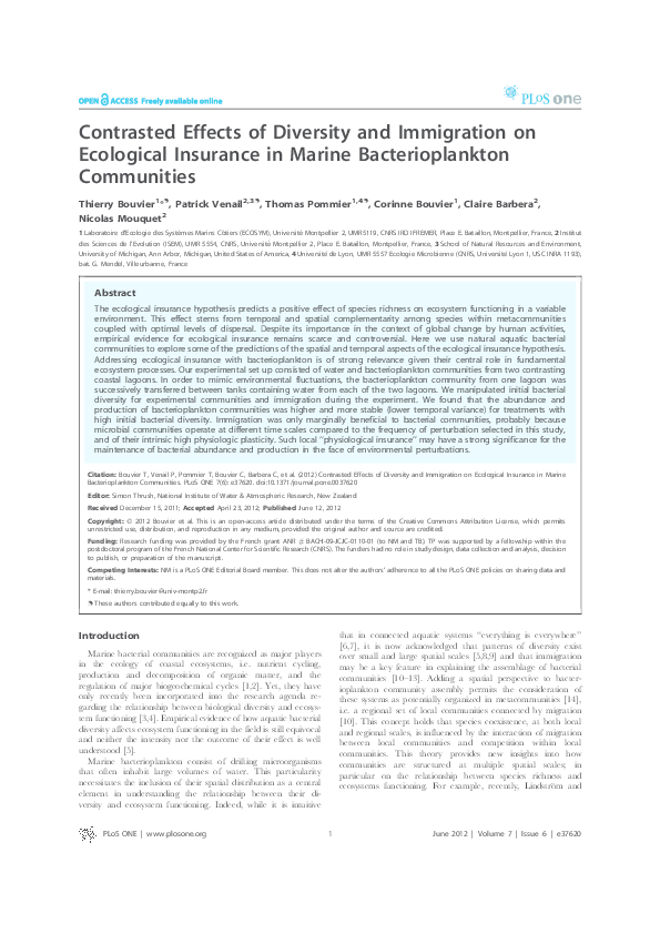 (PDF) Contrasted Effects of Diversity and Immigration on Ecological ...