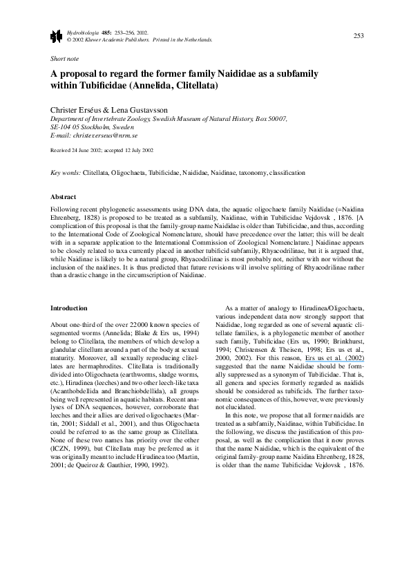 (PDF) A proposal to regard the former family Naididae as a subfamily ...