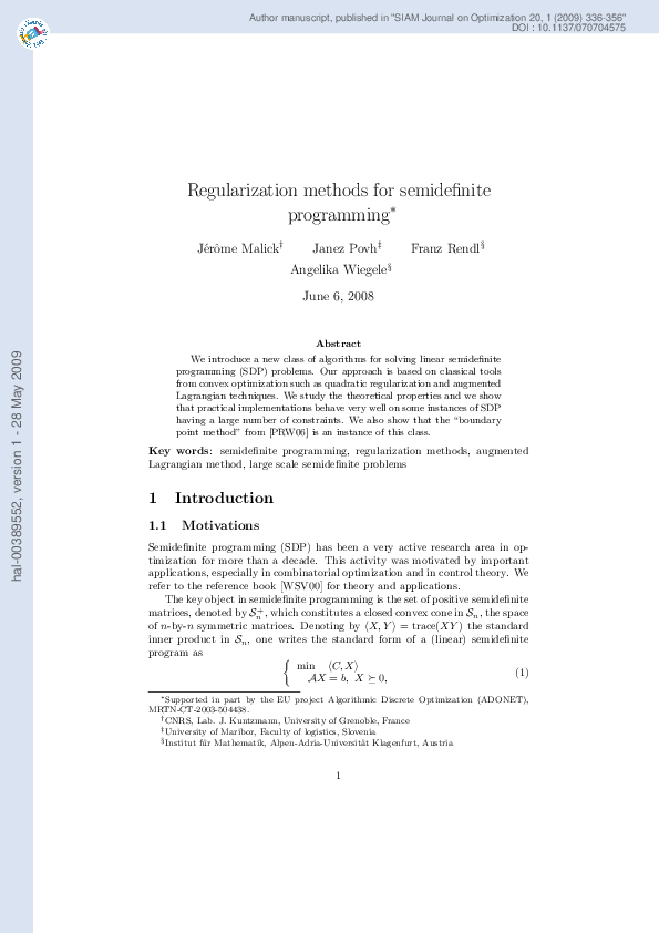 (PDF) Regularization Methods for Semidefinite Programming