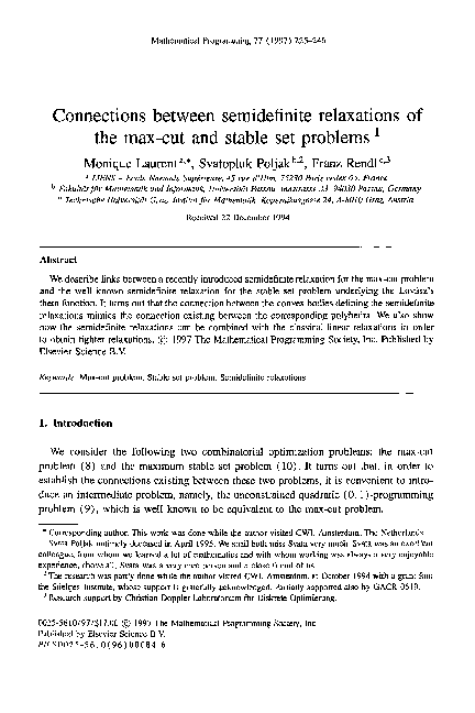 (PDF) Connections between semidefinite relaxations of the max-cut and stable set problems