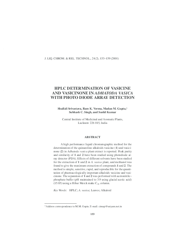 (PDF) HPLC DETERMINATION OF VASICINE AND VASICINONE IN ADHATODA VASICA WITH PHOTO DIODE ARRAY ...