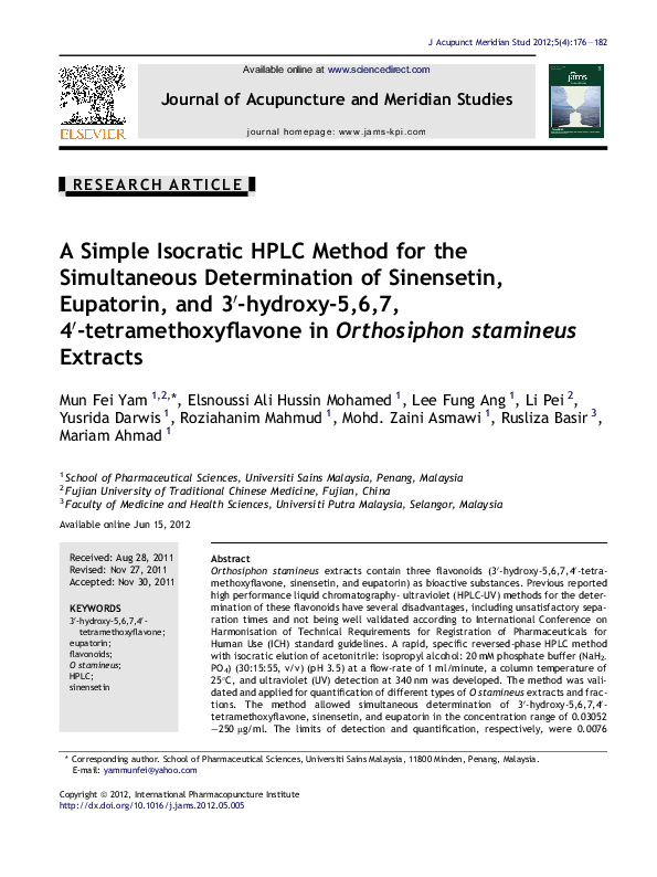 (PDF) A Simple Isocratic HPLC Method for the Simultaneous Determination of Sinensetin, Eupatorin ...