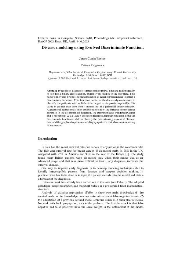 (PDF) Disease Modeling Using Evolved Discriminate Function
