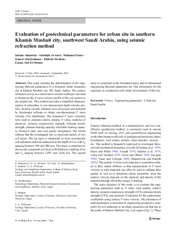 (PDF) Evaluation of geotechnical parameters for urban site in southern Khamis Mushait city ...