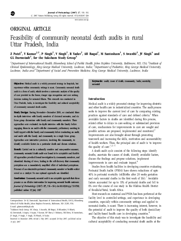 (PDF) Feasibility of community neonatal death audits in rural Uttar ...