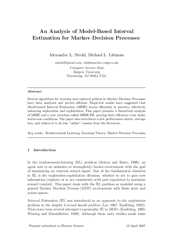 Pdf An Analysis Of Model Based Interval Estimation For Markov Decision Processes