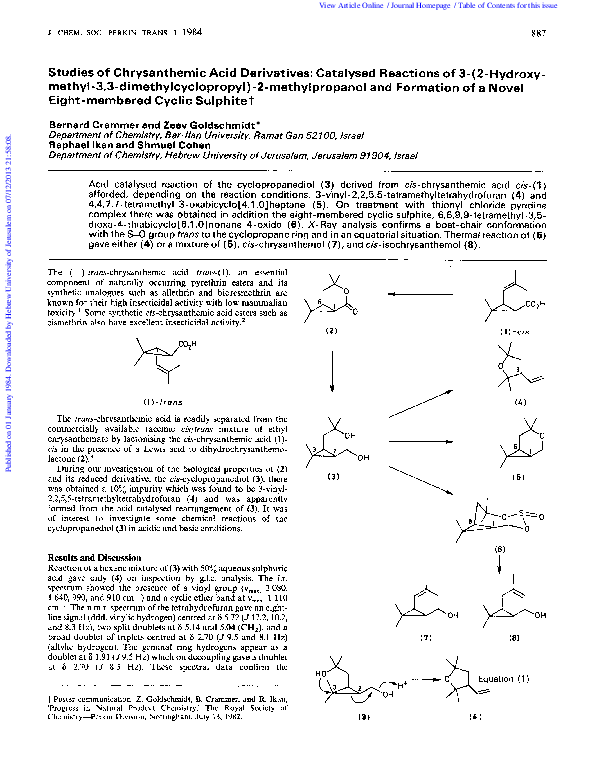 (PDF) Studies of chrysanthemic acid derivatives: catalysed reactions of ...