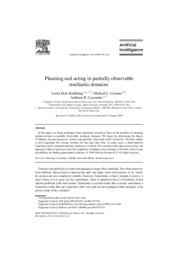 (PDF) Planning and acting in partially observable stochastic domains | Michael Littman ...