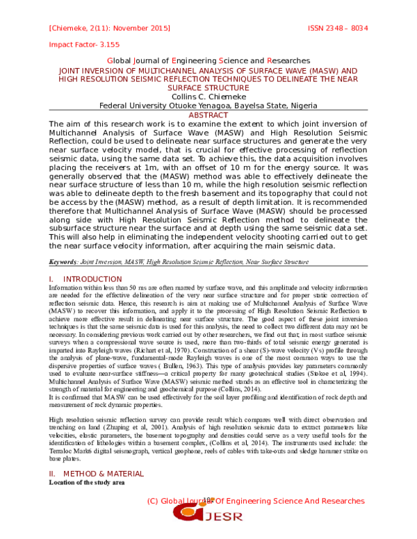 JOINT INVERSION OF MULTICHANNEL ANALYSIS OF SURFACE WAVE (MASW) AND HIGH RESOLUTION SEISMIC ...