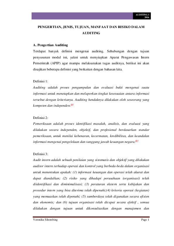 (PDF) Pengertian, Jenis, Tujuan, Manfaat, dan Risiko dalam Auditing