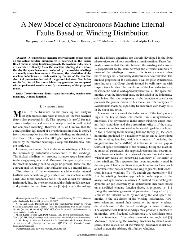 (PDF) A New Model of Synchronous Machine Internal Faults Based on Winding Distribution