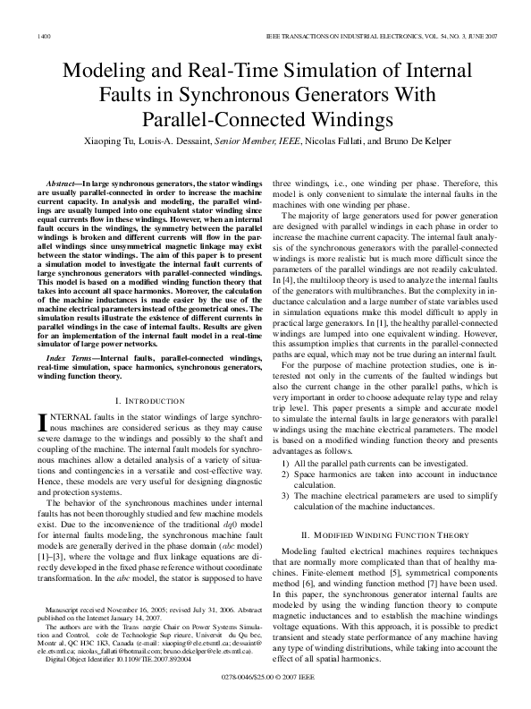 Pdf Modeling And Real Time Simulation Of Internal Faults In Synchronous Generators With