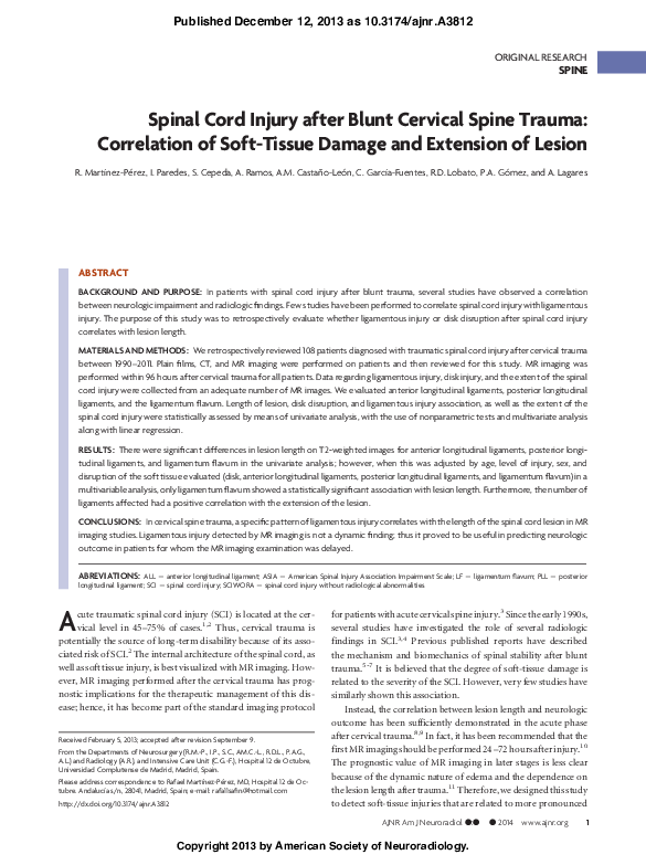 (PDF) Spinal Cord Injury after Blunt Cervical Spine Trauma: Correlation ...