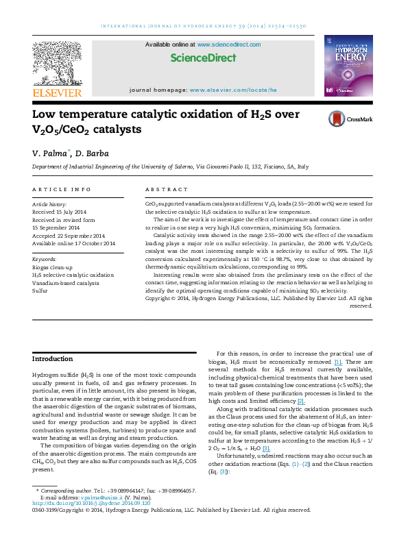 (PDF) Low temperature catalytic oxidation of H2S over V2O5/CeO2 catalysts