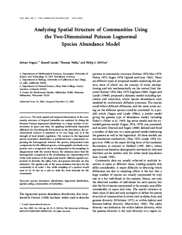 Pdf Analyzing Spatial Structure Of Communities Using The Two‐dimensional Poisson Lognormal
